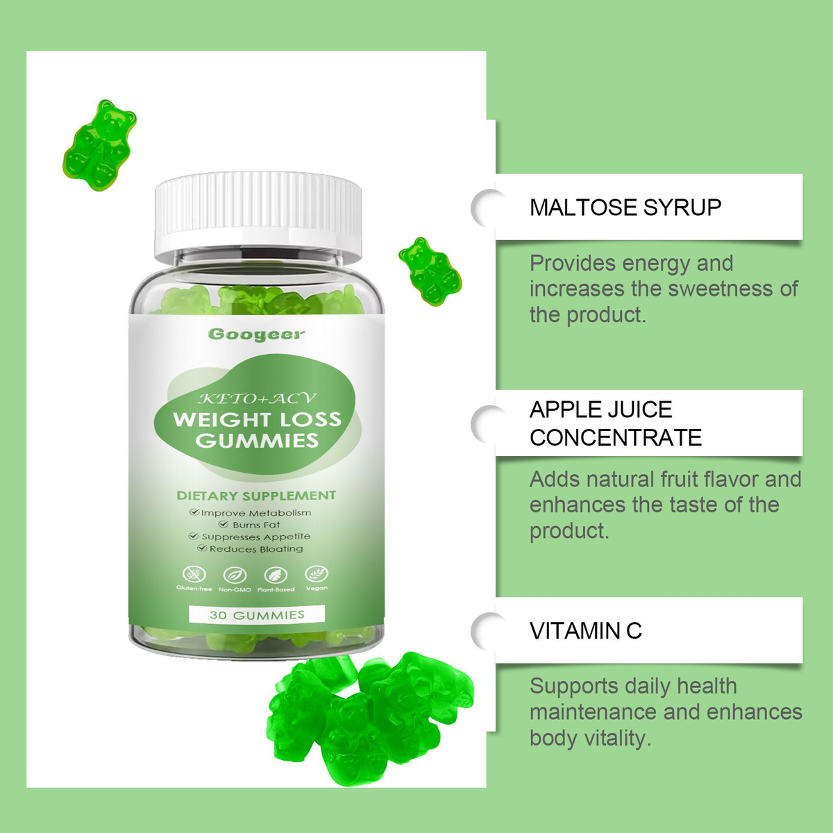 Жевательные конфеты для похудения KETO+ACV Googeer контроль аппетита и детокс с витамином С ...