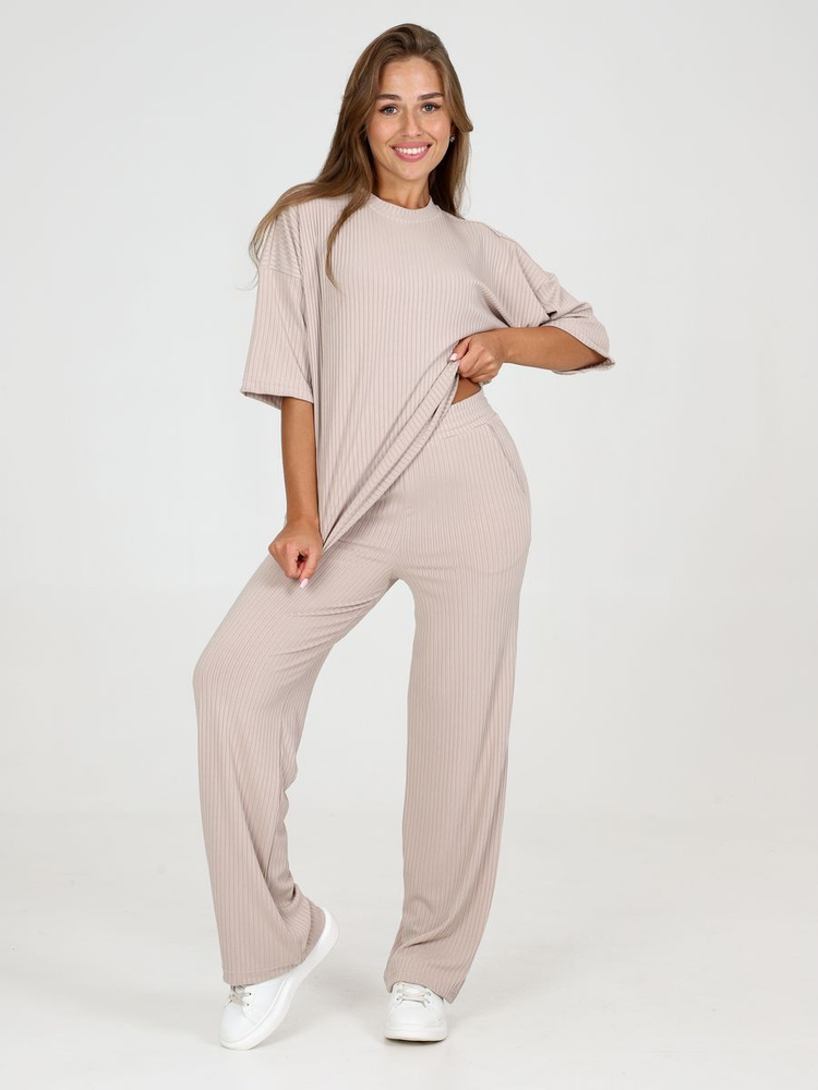 Комплект одежды Женский Sevatex Домашний бежевый, размер 48 Лапша Фитнес, Танцы Однотонный, рост ...