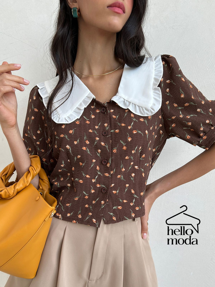 Блузка Женский HELLO MODA! коричневый, зеленый Хлопок, Полиэстер Воротник Укороченный Цветочный ...