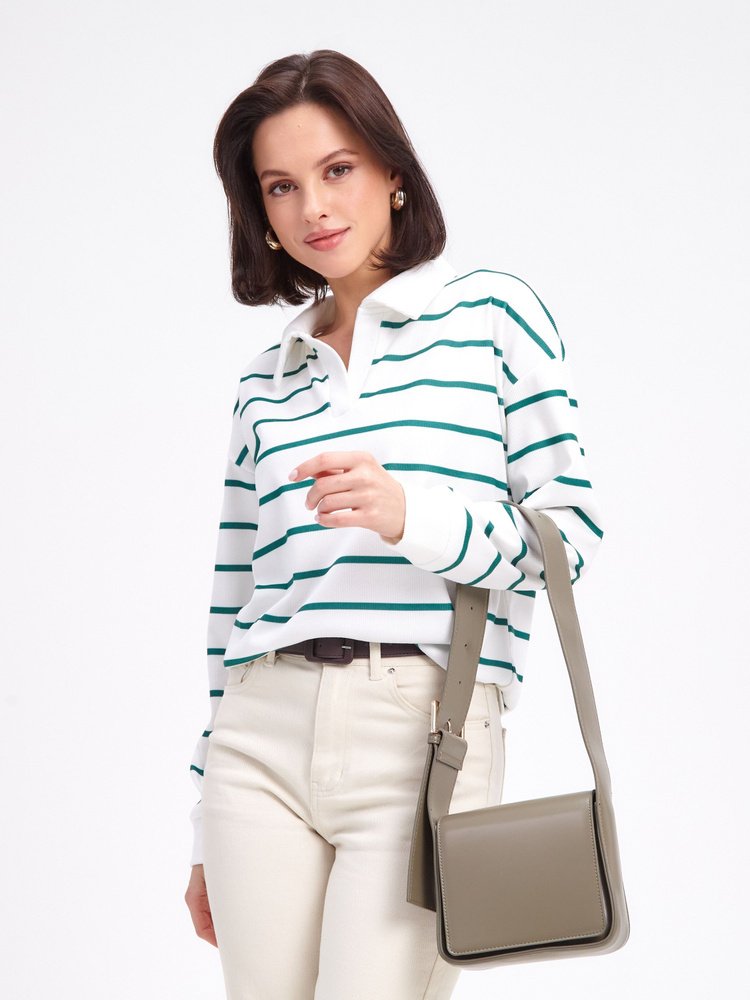 Лонгслив Женский MYCODE белый, зеленый Длинный, размер 38, 40 Хлопок, Полиэстер В рубчик ...