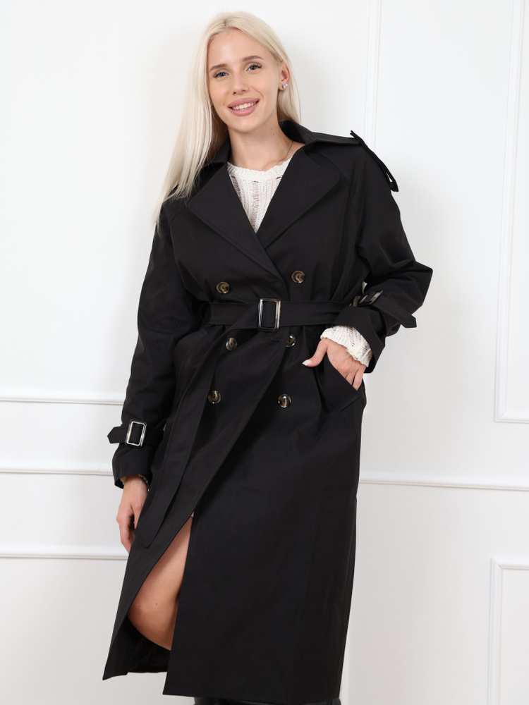 Плащ Женский SLN глубокий черный Средний Пояс/ремень, Воротник, размер 44, 46 Хлопок, Вискоза ...