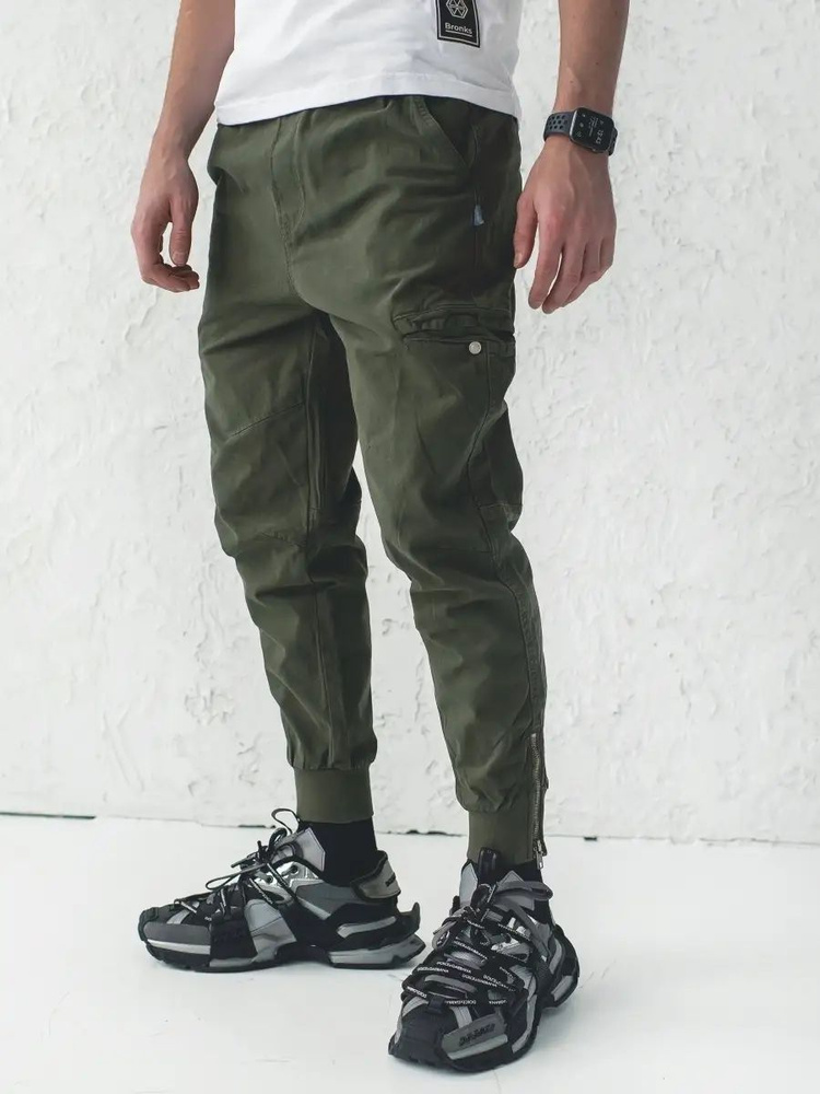 Брюки Мужской Bronks джоггеры хаки Хлопок, Эластан Повседневный, размер 38, 40 Шнурок, Резинка ...