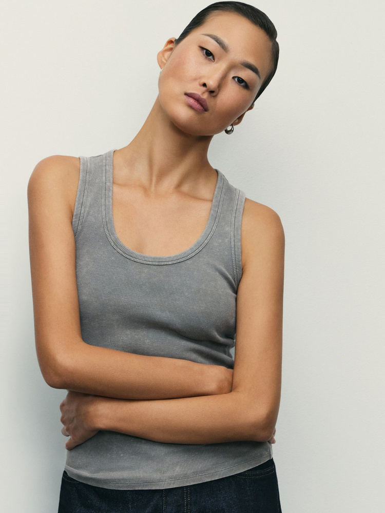 Майка Женский Zarina серый, размер 44 Хлопок, Эластан Повседневный Бангладеш облегающий ...