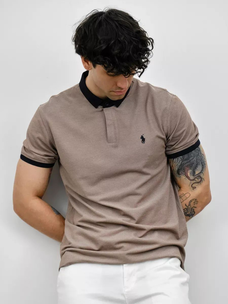 Поло Мужской FLOW LAB бежевый Короткий, размер 50, 52 Хлопок, Спандекс Однотонный свободный ...