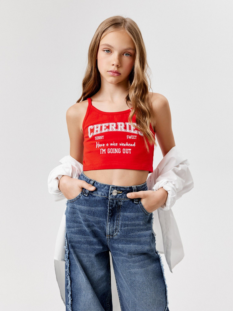 Топ Девочки Acoola красный, размер 146 Трикотаж, Хлопок Бретельки Повседневный Китай укороченный ...