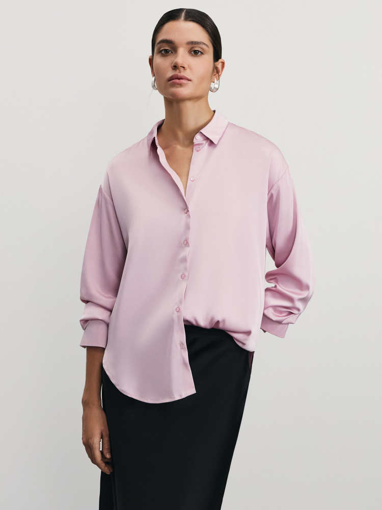 Блузка Женский Zarina розовый Полиэстер, Эластан Длинный Однотонный, размер 48 оверсайз Пуговицы ...