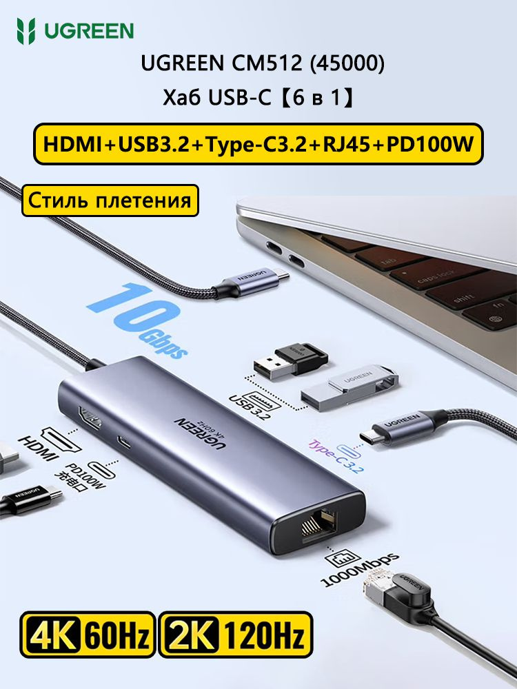 USB-Концентратор UGREEN CM512 (45000) Хаб USB-C 6-in-1 HUB, USB3.2, Type-C3.2, HDMI(4K@30Hz), RJ ...