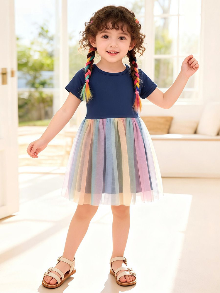 Платье Девочки H&M сапфировый Повседневный Короткий Хлопок Аппликация ...