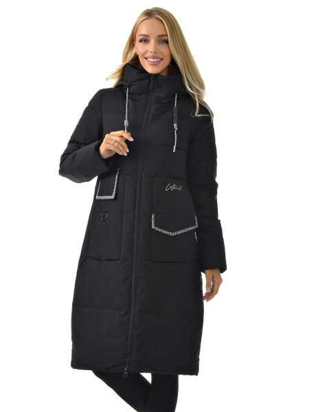 Пальто Женский ENYI Капюшон черный капюшон Полиэстер Длинный Холлофайбер, размер 42 прямой Зима ...