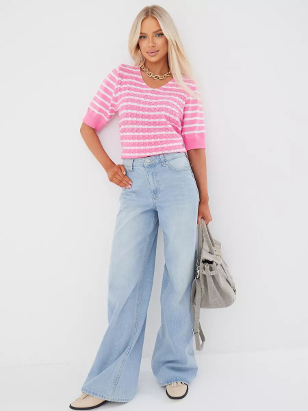 Джемпер Женский Gella style розовый, белый Трикотаж, размер 50 Без застежки прямой Средний ...