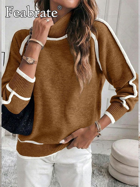 Свитер Женский Feabrate коричневый Трикотаж, размер 48, 50 Без застежки свободный Длинный Китай ...