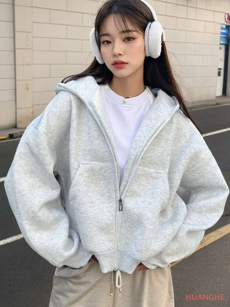 Худи Женский CHAOPAI Капюшон, Карманы светло-серый меланж Молния Хлопок, Полиэстер, размер 50 ...