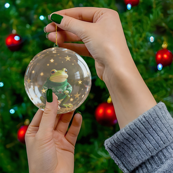 Новогодний стеклянный шар с лягушками и миниатюрой для праздничной елки ...
