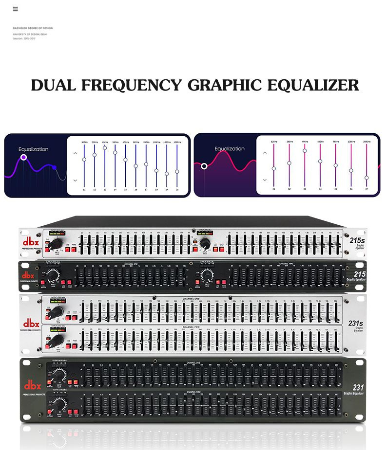 dbx 215S Двухканальный эквалайзер, двойной интерфейс XLR / TRS, 4 сегмента светодиодного уровня ...