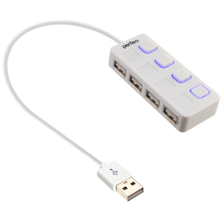 Разветвитель / USB-HUB PERFEO 4 порта, USB 2.0/ USB Type-A, с выключателем, 15 см, белый (PF ...