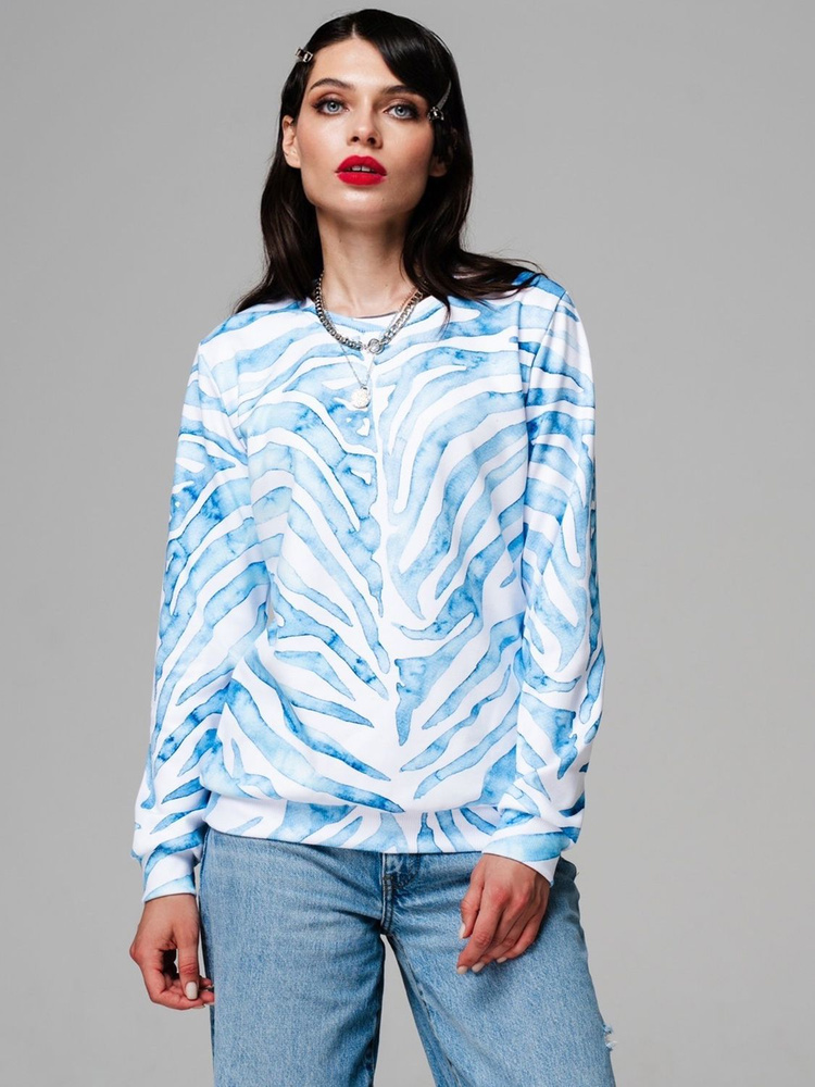 Свитшот Женский SAHAR art lab Манжеты белый, светло-синий Без застежки Интерлок, размер 56 ...