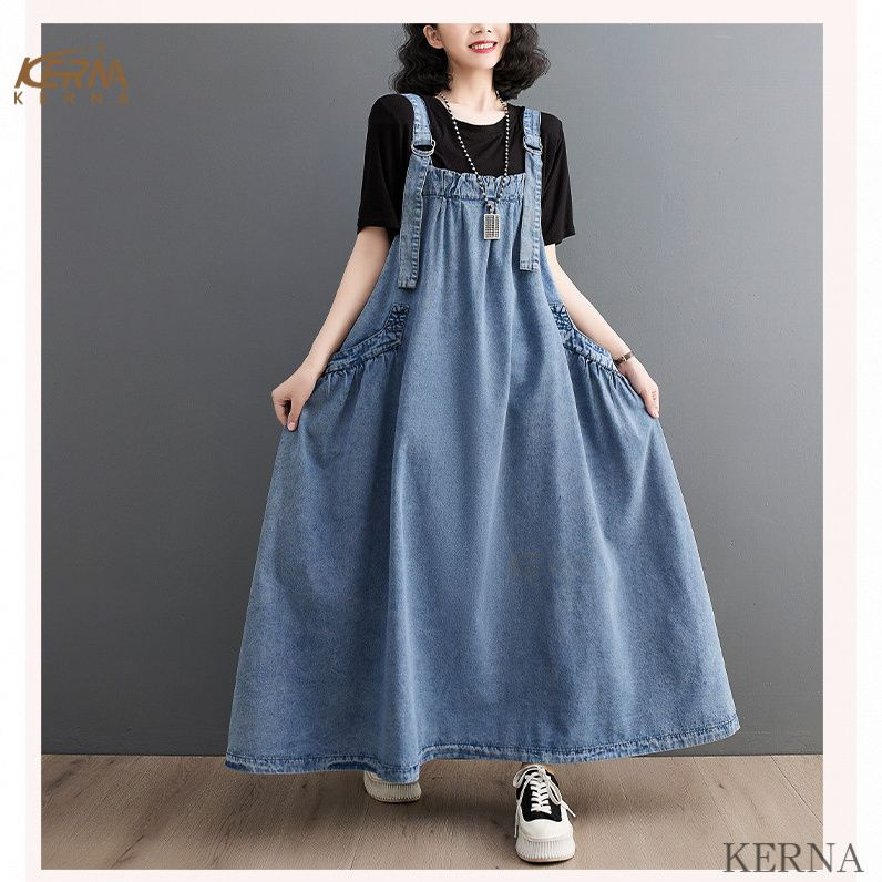 Сарафан Женский KERNA синий джинсовое Офисный/школьный Без рукавов Хлопок Погоны, размер 46, 48 ...