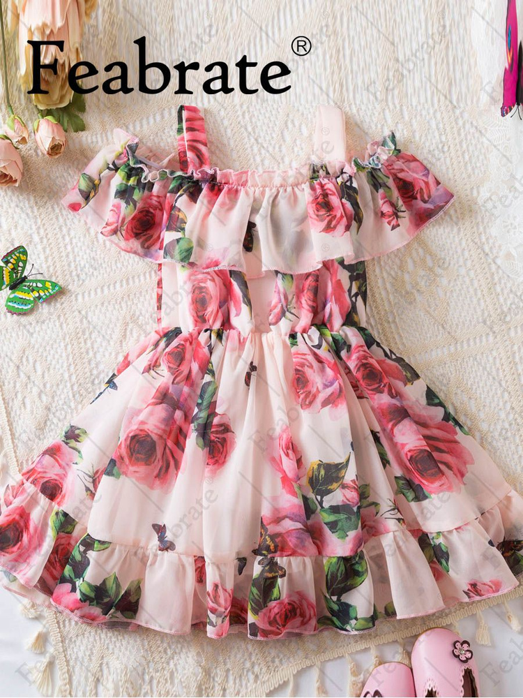 Платье Девочки Feabrate розовый Повседневный Без рукавов Хлопок Манжеты ...