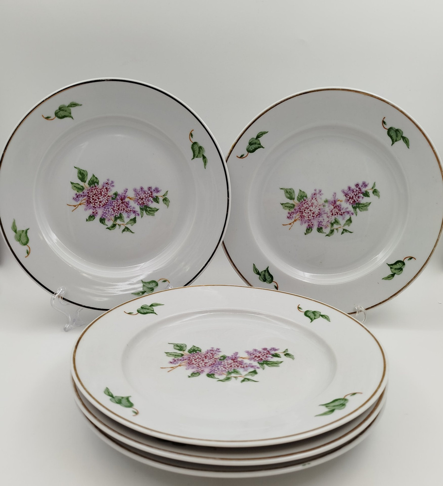 Набор из 5-ти обеденных тарелок "Сирень", фарфор деколь золочение Дулевский фарфоровый завод ...