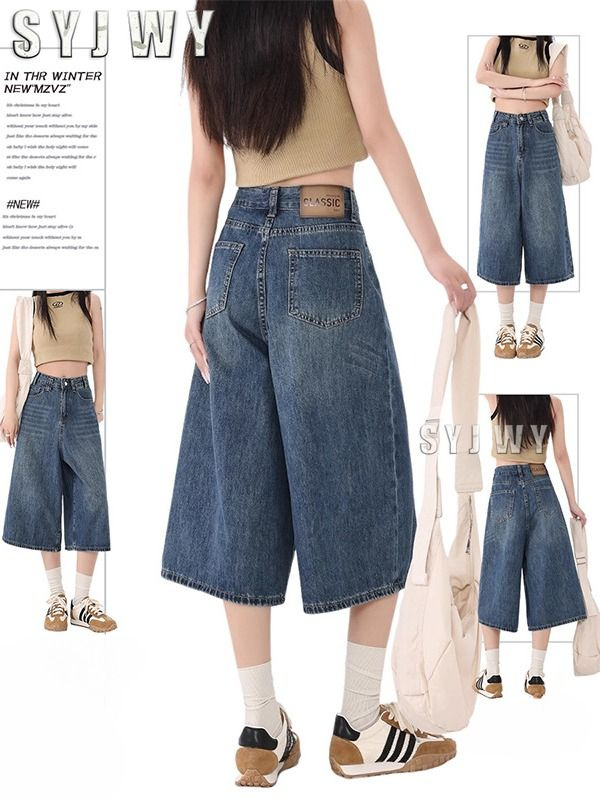 Брюки Женский SYJWY капри сигнальный синий Бифлекс, Хлопок Повседневный, размер 36 Пуговицы ...