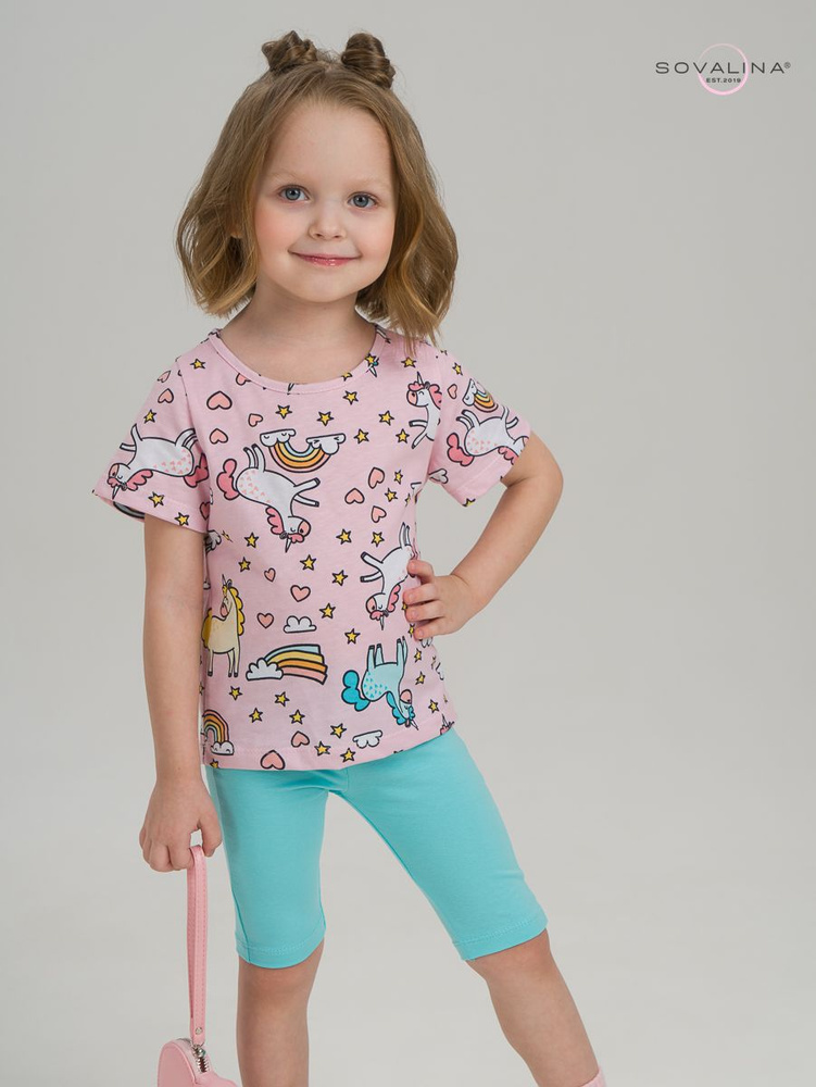 Комплект одежды Девочки SOVAlina Повседневный с велосипедками, двойка розовый, мятный, размер ...