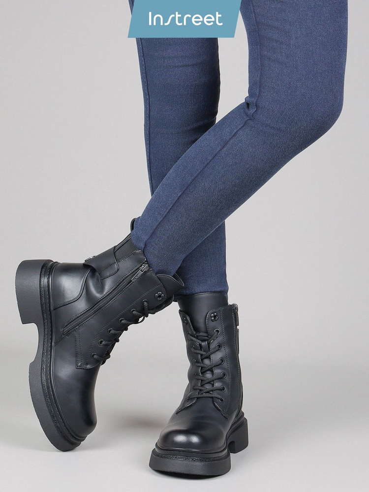 Ботинки Женский Instreet черный, размер 39 дерби Зима 5 Шнурки, Молния Толстый каблук Россия ...