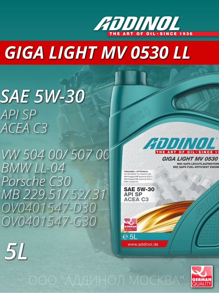 Масло моторное ADDINOL Giga Light 5W-30 Синтетическое 5 л 4014766241108 купить c доставкой на ...