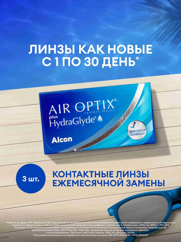 Alcon Контактные линзы AIR OPTIX plus HydraGlyde, 3 шт., -3.75 / 8.6/ 1 месяц, ежемесячные ...