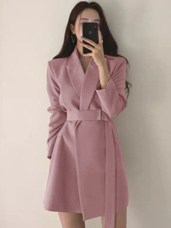 Плащ Женский SYJWY пудровый Длинный с отворотом Шнуровка тренчкот, размер 48 Полиэстер Китай ...