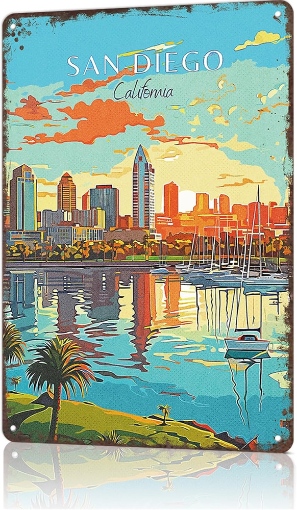 Сан-Диего, Калифорния, винтажная жестяная табличка с городским пейзажем, 20 30 см купить на OZON ...