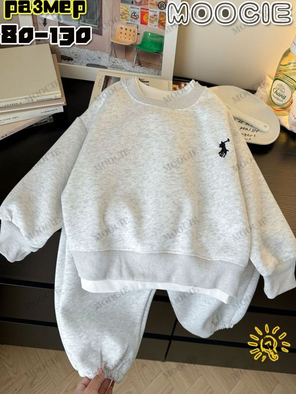 Комплект одежды Девочки, Мальчики MOOCIE Повседневный бело-серый, размер 130 Хлопок Буквы и ...