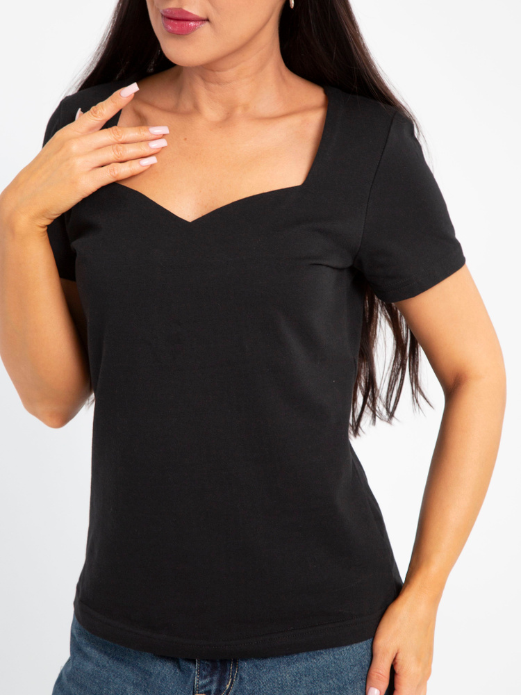 Футболка Женский HALIMA.style черный Короткий, размер 52 Хлопок Однотонный облегающий ...