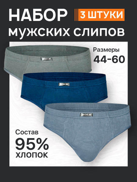 Комплект трусов Мужской Bokai слипы Хлопок черно-серый, черный нюд, размер 44, 46 Средняя ...