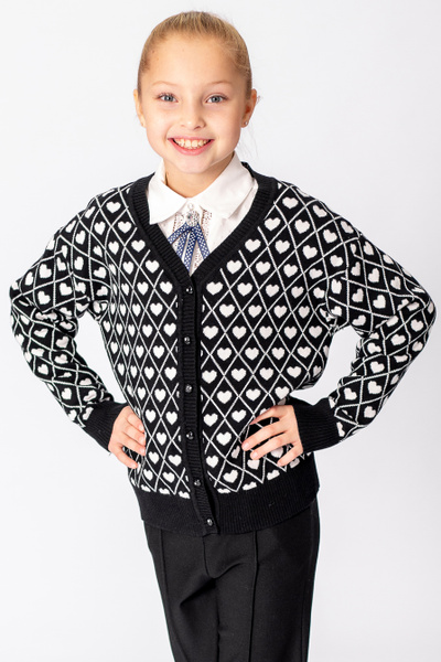 Кардиган Девочки Colabear черный, размер 152 Пуговицы свободный Длинный Сердца Китай дышащий ...