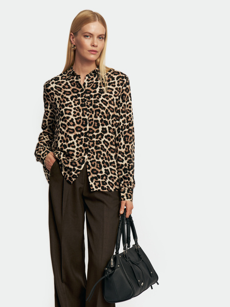 Рубашка Женский Zolla бежевый Длинный Вискоза Анималистический, размер 52 прямой Пуговицы Китай ...