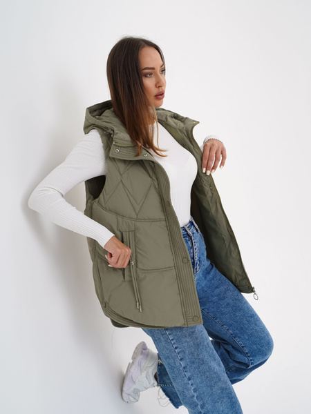 Жилет утепленный Женский KSV&HUV Капюшон, Карманы хаки, размер 48, 50 Полиэстер Холлофайбер ...