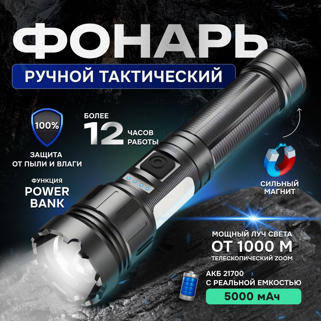 Фонарик аккумуляторный ручной светодиодный / Мощный, Яркий тактический ...