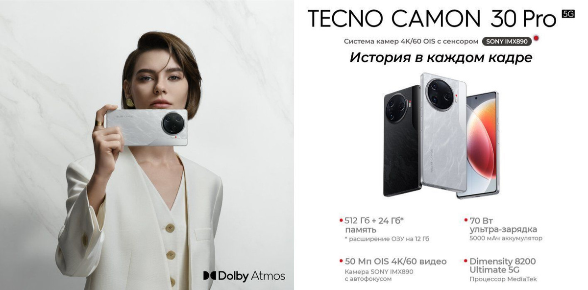 Смартфон Tecno CAMON 30 Pro 5G (CL8) 512 ГБ 12 ГБ Белый 6.8 OLED/AMOLED ...