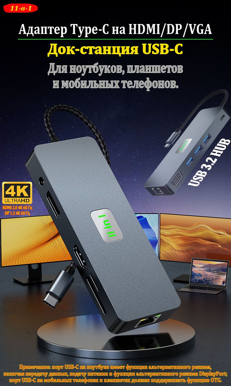 Адаптер Type-C to HDMI DP VGA Гигабитный Ethernet Высокоскоростной 10 Гбит/с USB 3.2 HUB MST ...