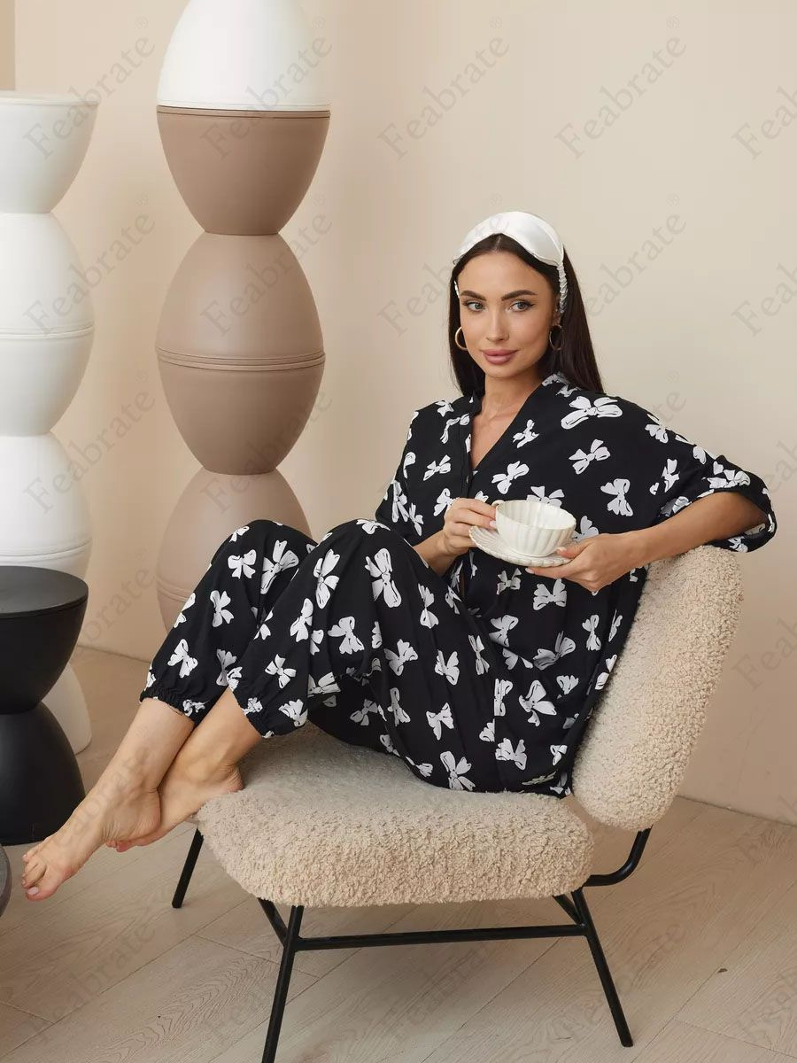 Пижама Женский Feabrate с брюками, размер 48, 50 Анималистический жимолость Длинный Китай Без ...