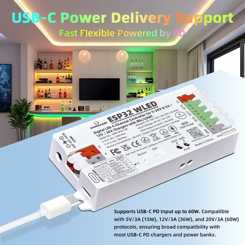 Цифровой контроллер светодиодов UAL PSU ESP32 WLED с PD 5V 12V 20V DC 5 ...