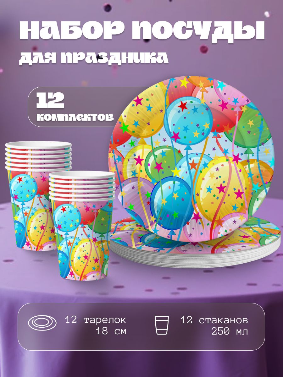 Набор одноразовой бумажной посуды для праздника ND Play / Шары (тарелка ...