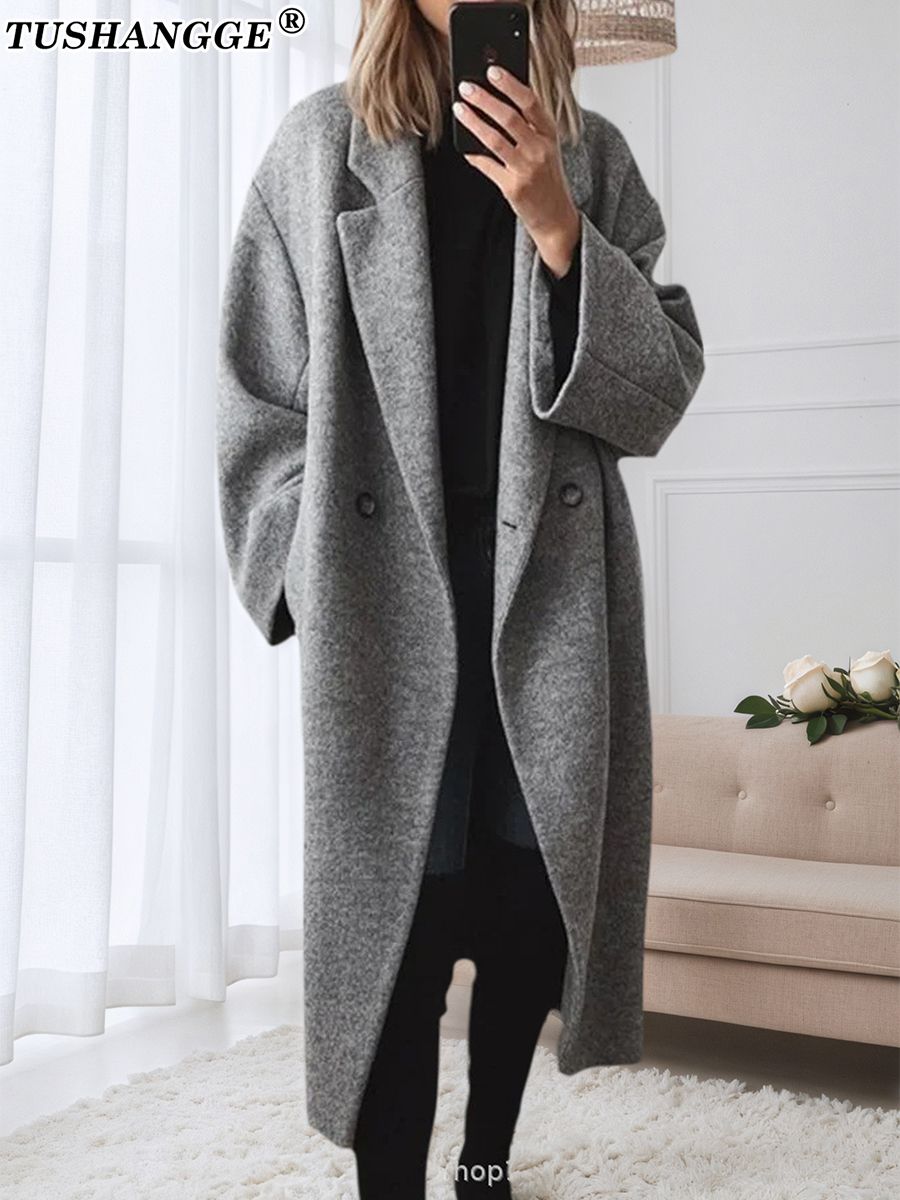 Плащ Женский TUSHANGGE серый Длинный лацканы тренчкот, размер 54 ...