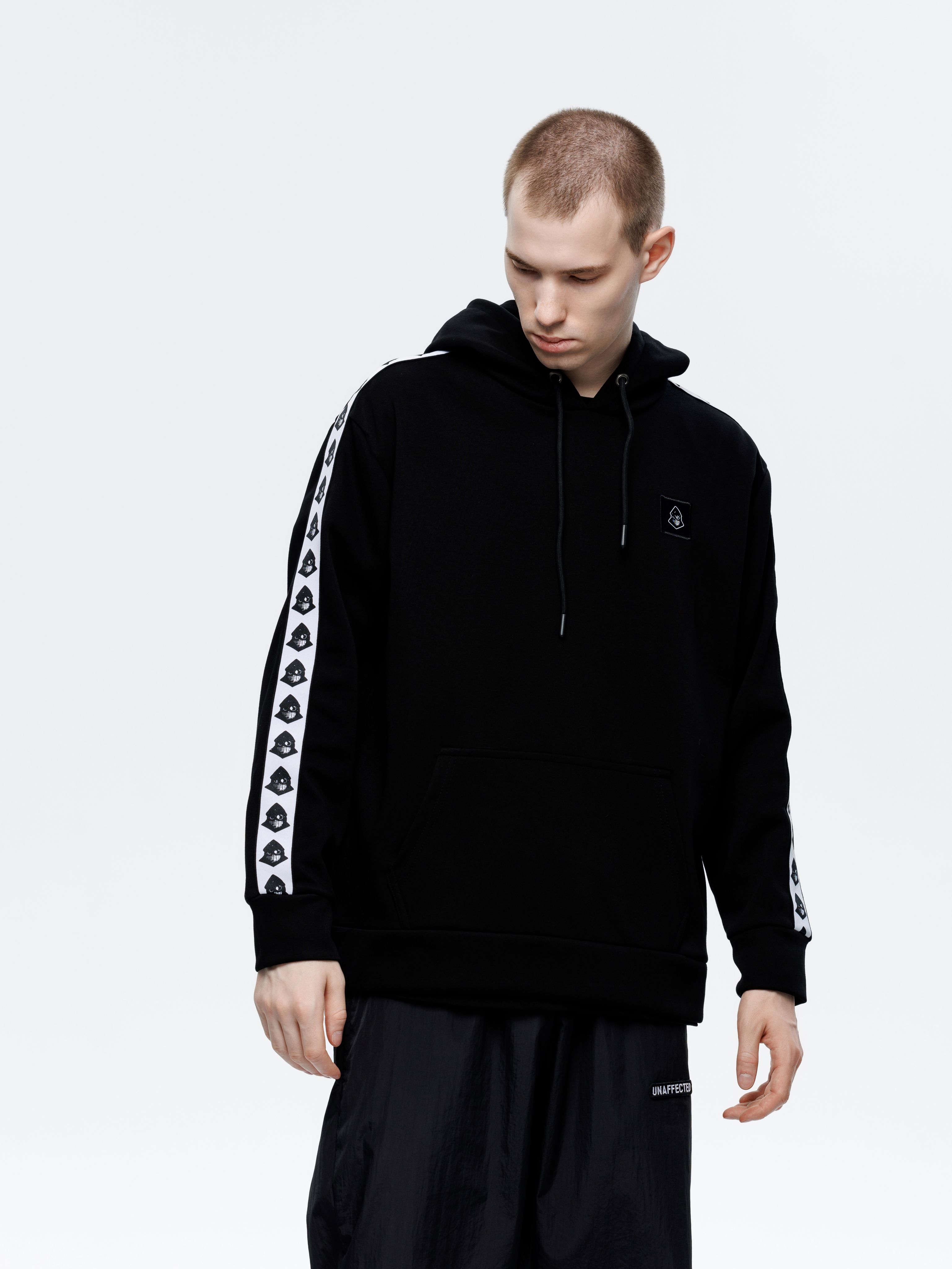 Худи Мужской UNAFFECTED Лампасы черный Шнурок Полиэстер, размер 52 ...