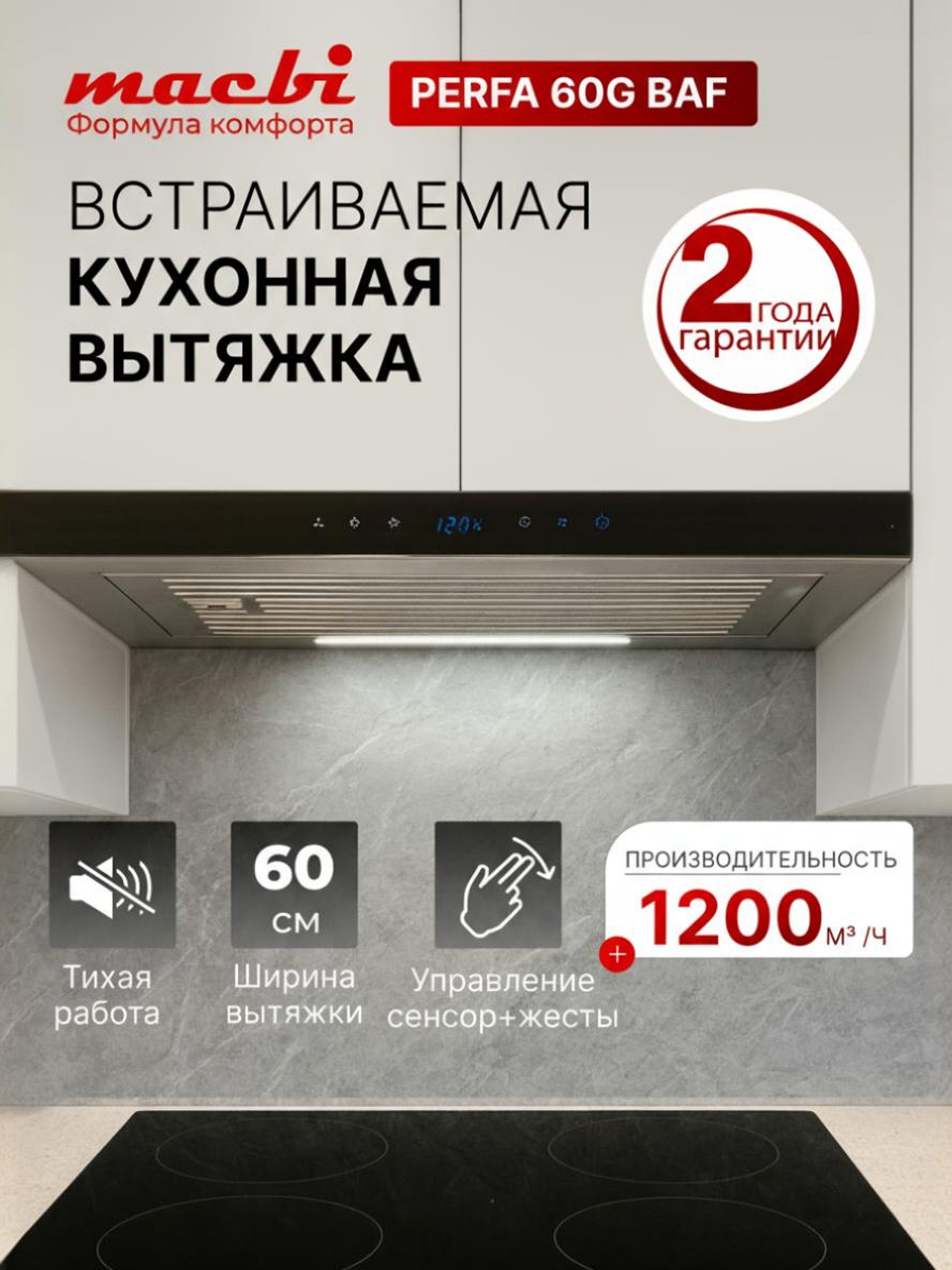Вытяжка встраиваемая Model 2025г, 1200м3/ч; управление жестами, Perfa ...