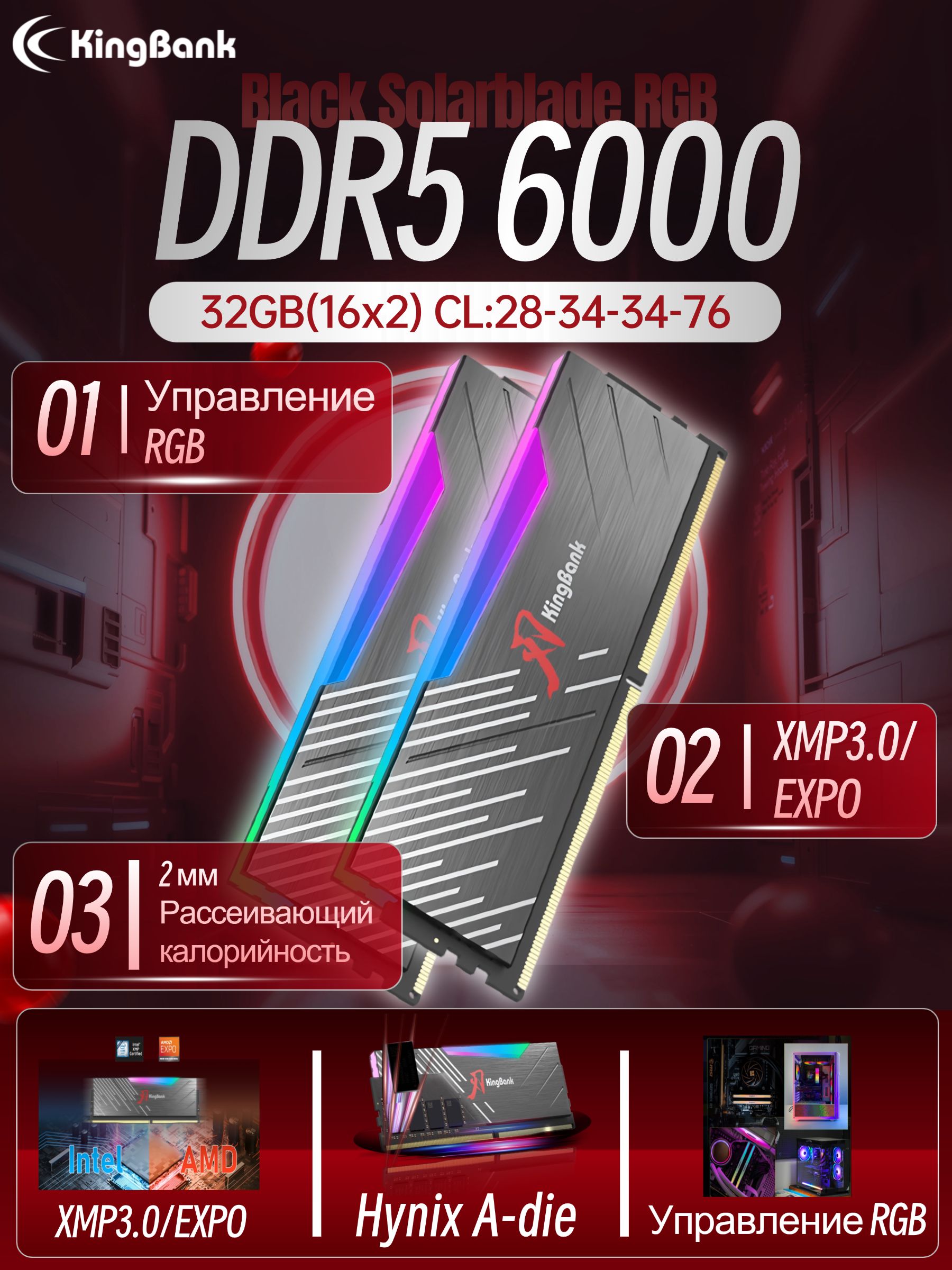 Модуль оперативной памяти KingBank 16 ГБ DDR5 PC48000 6000 MHz CL 28 ...