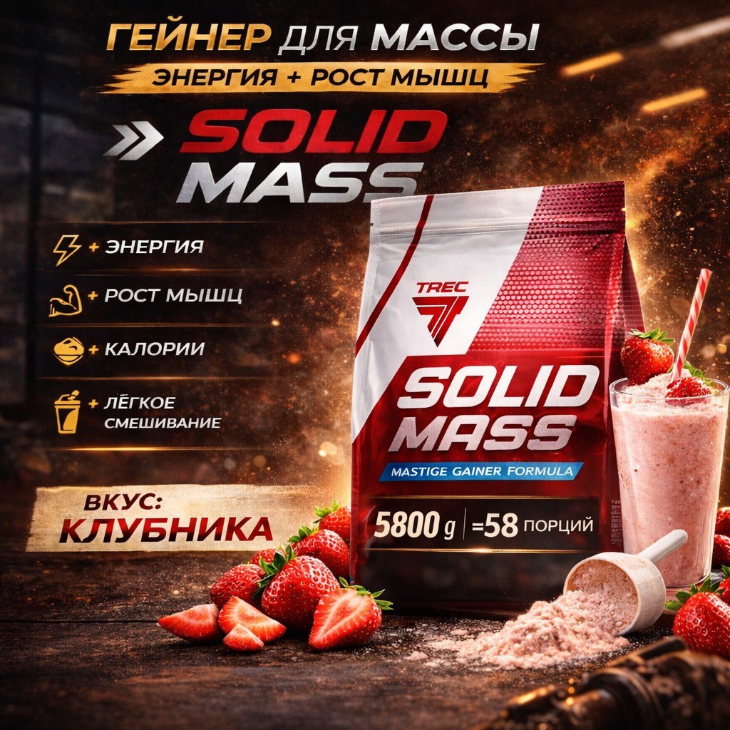 Гейнер протеин для набора мышечной массы Solid Mass 5800г клубника Trec ...