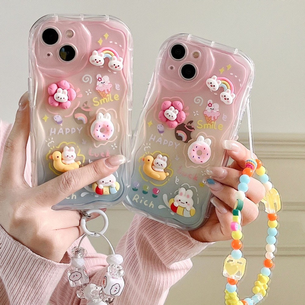 Милый розовый чехол с радужным кроликом для iPhone 14 и 15 с ...