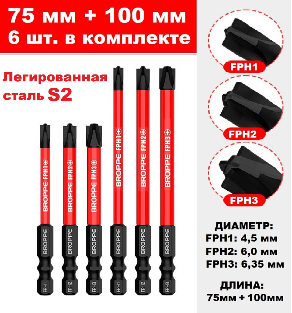 Набор магнитных бит для электриков 6 шт FPH1 FPH2 FPH3 75 мм 100 мм ...