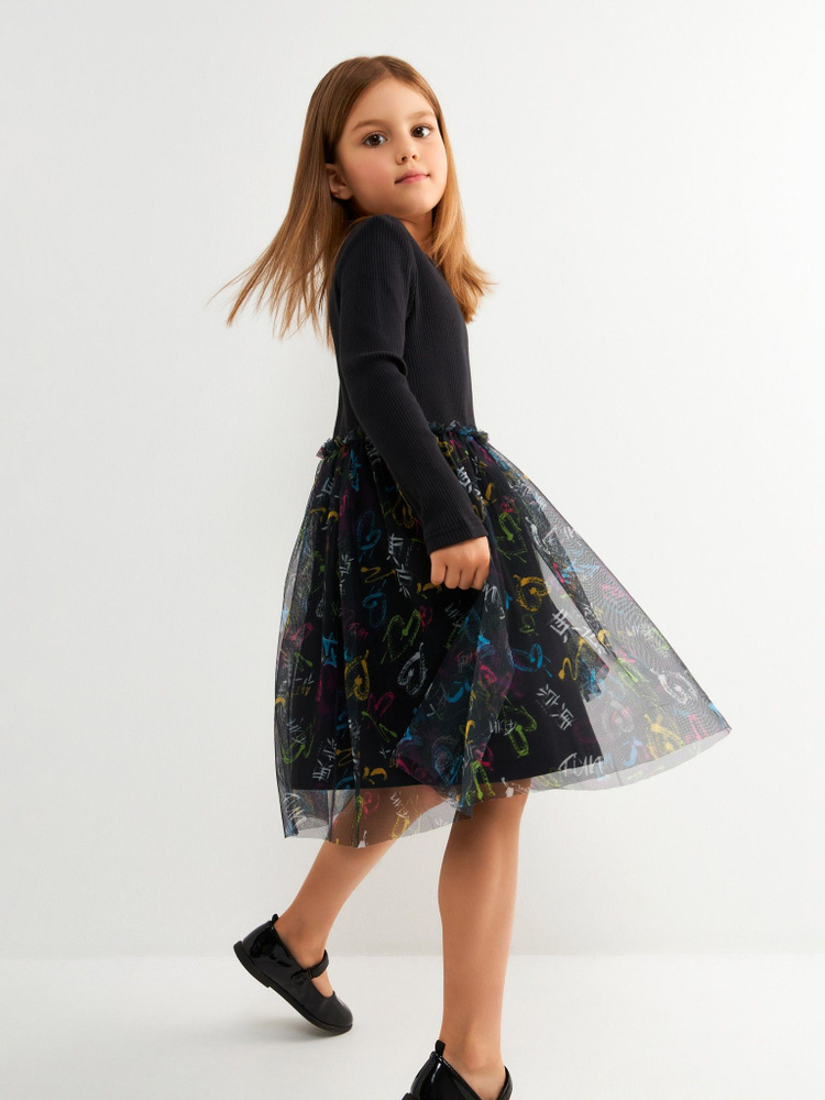 Платье нарядное праздничное с длинным рукавом из сетки для девочки Acoola Девочки Pencil2 черный ...
